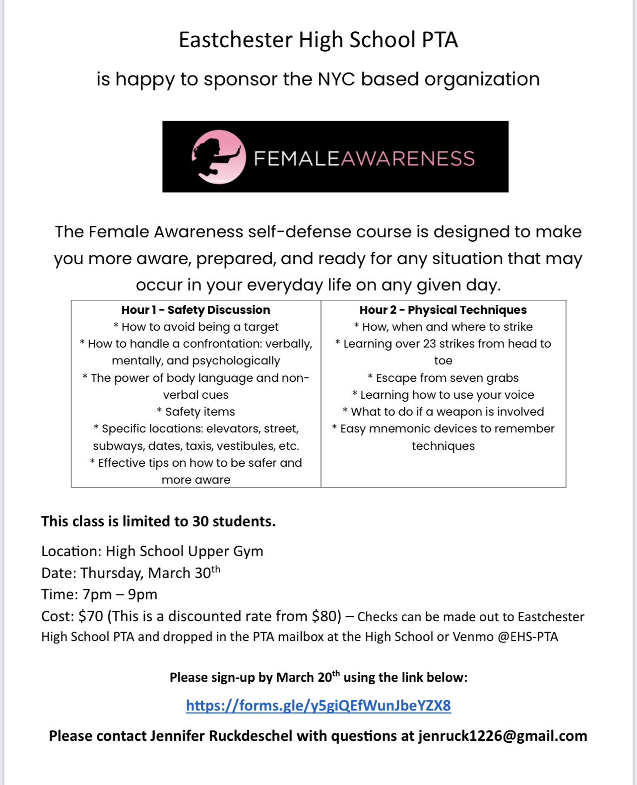 Female Awareness Self-Defense Course: 3/30 – EHS PTA