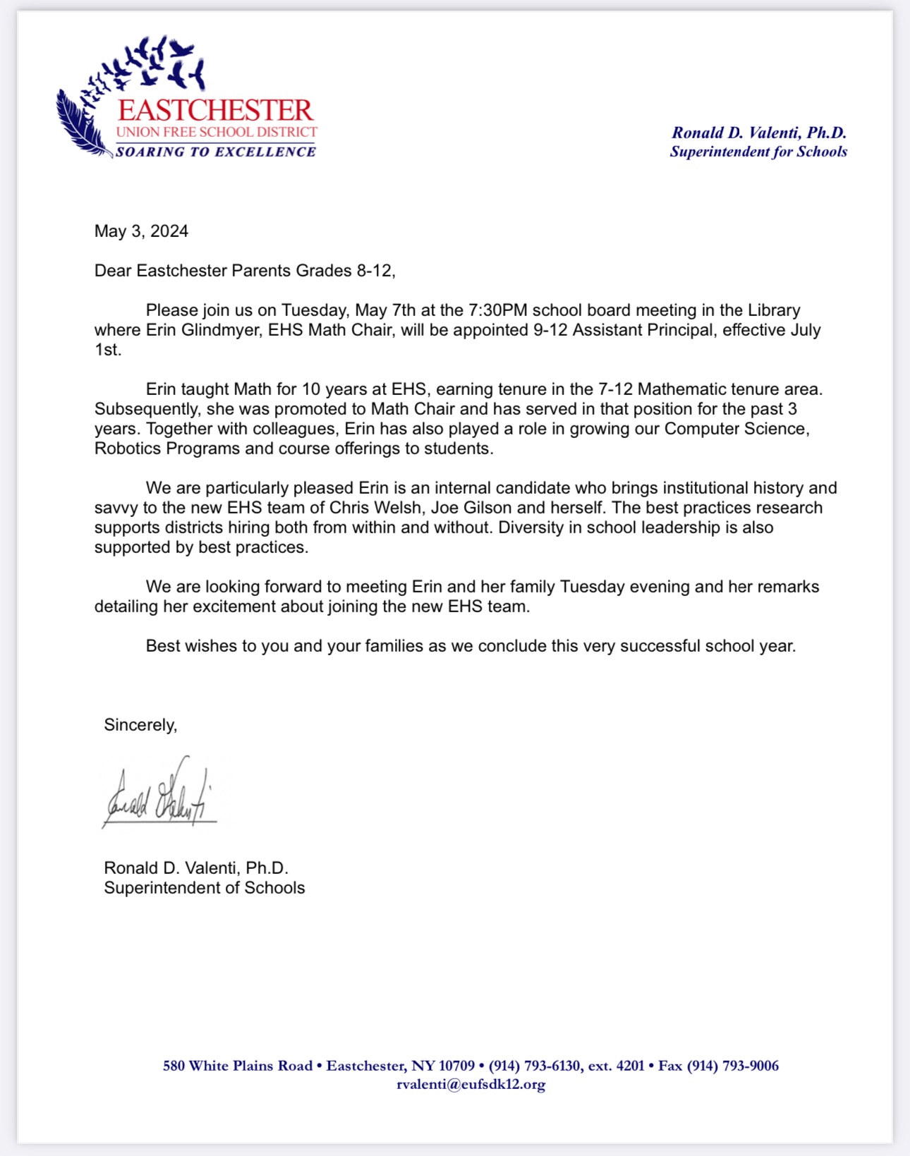 Appointment of Asst Principal, Mrs. Erin Glindmyer – EHS PTA